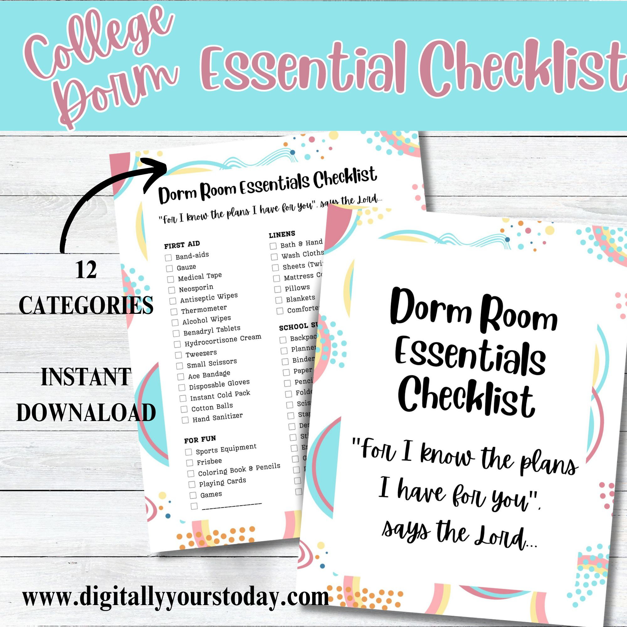 College Dorm Essentials Checklist: Printable Packing List (digital ...
