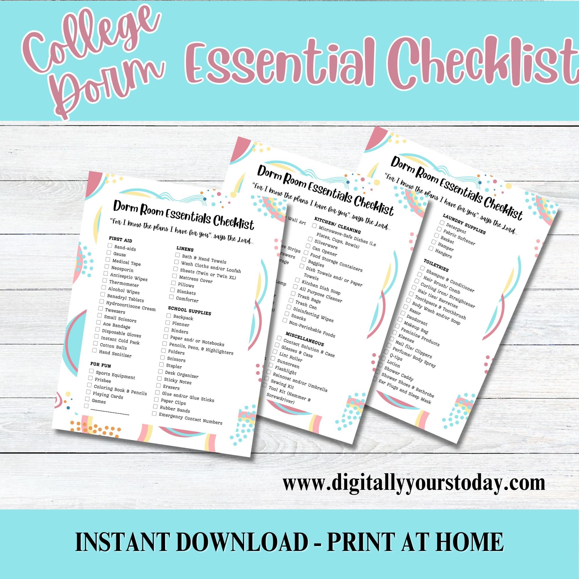 College Dorm Essentials Checklist: Printable Packing List (digital ...