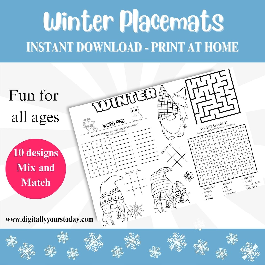 Winter Activity Placemats for Kids of All Ages 10 Different Designs ...