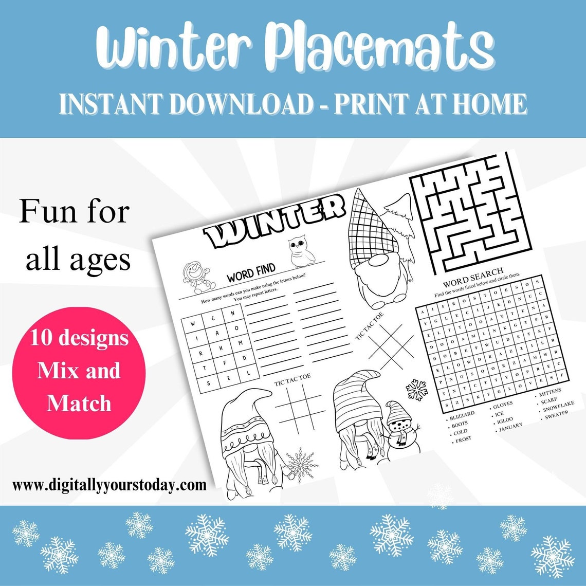 Winter Activity Placemats for Kids of All Ages - 10 Different Designs ...