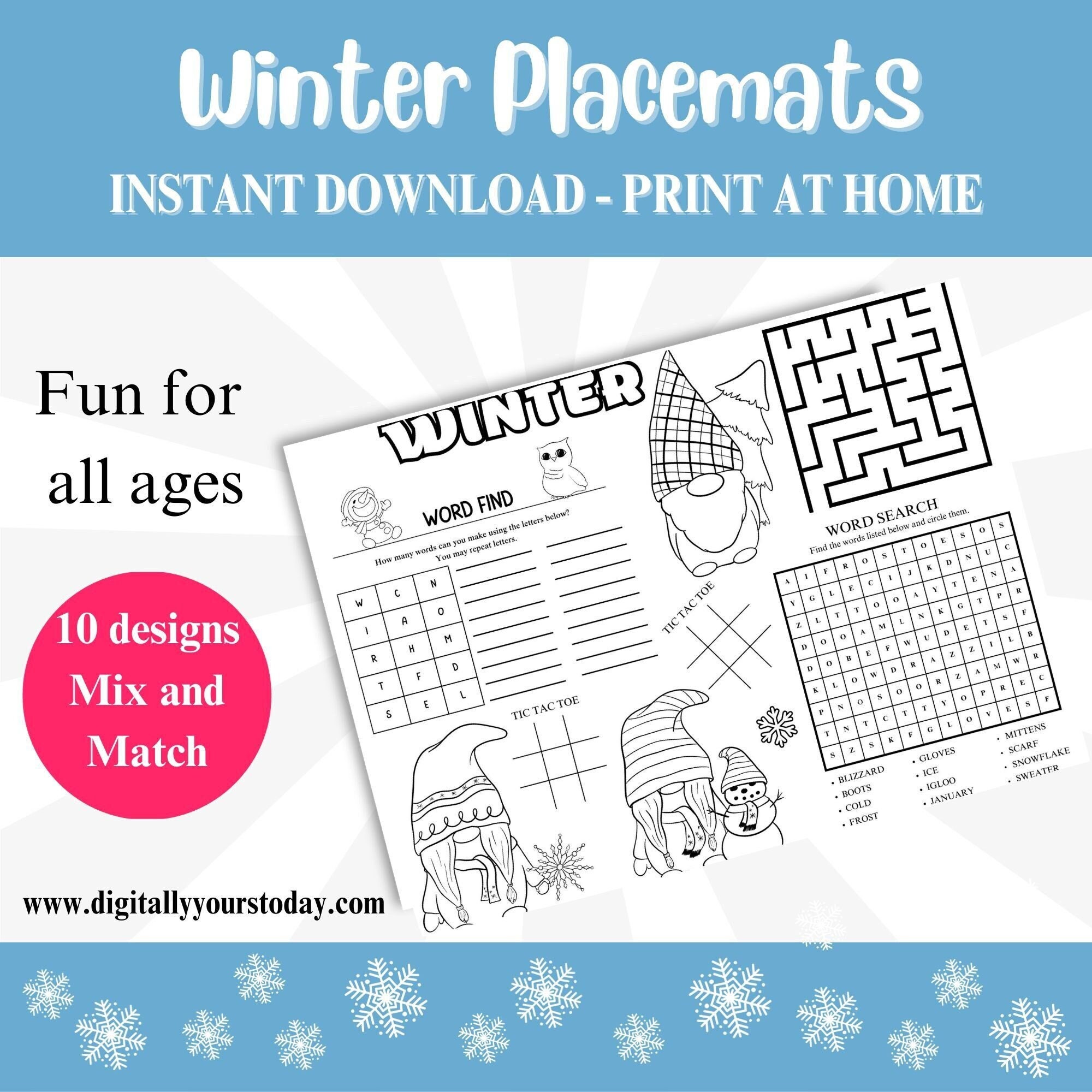 Winter Activity Placemats for Kids of All Ages 10 Different Designs ...
