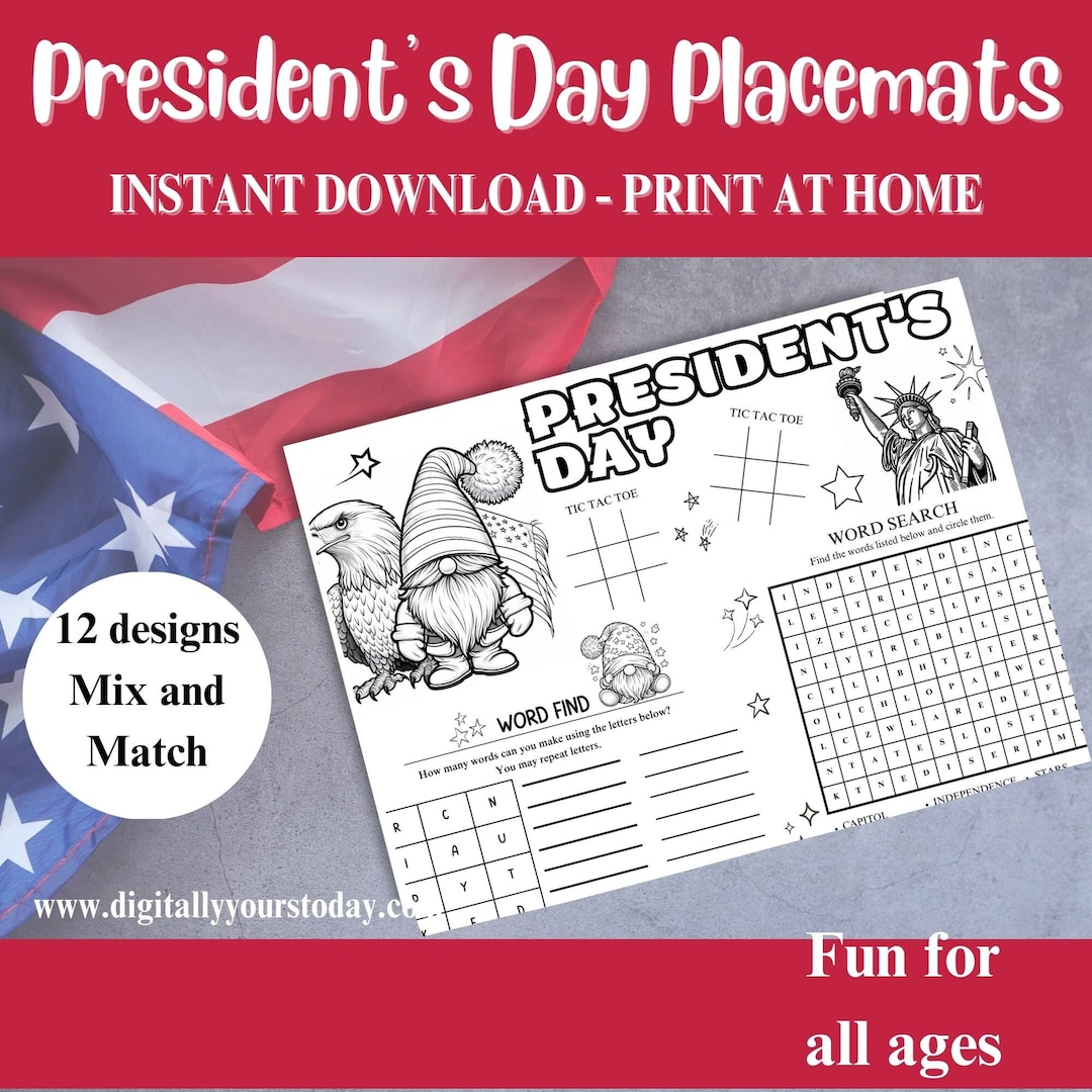 President's Day Activity Placemats for Kids of All Ages - 12 Different ...