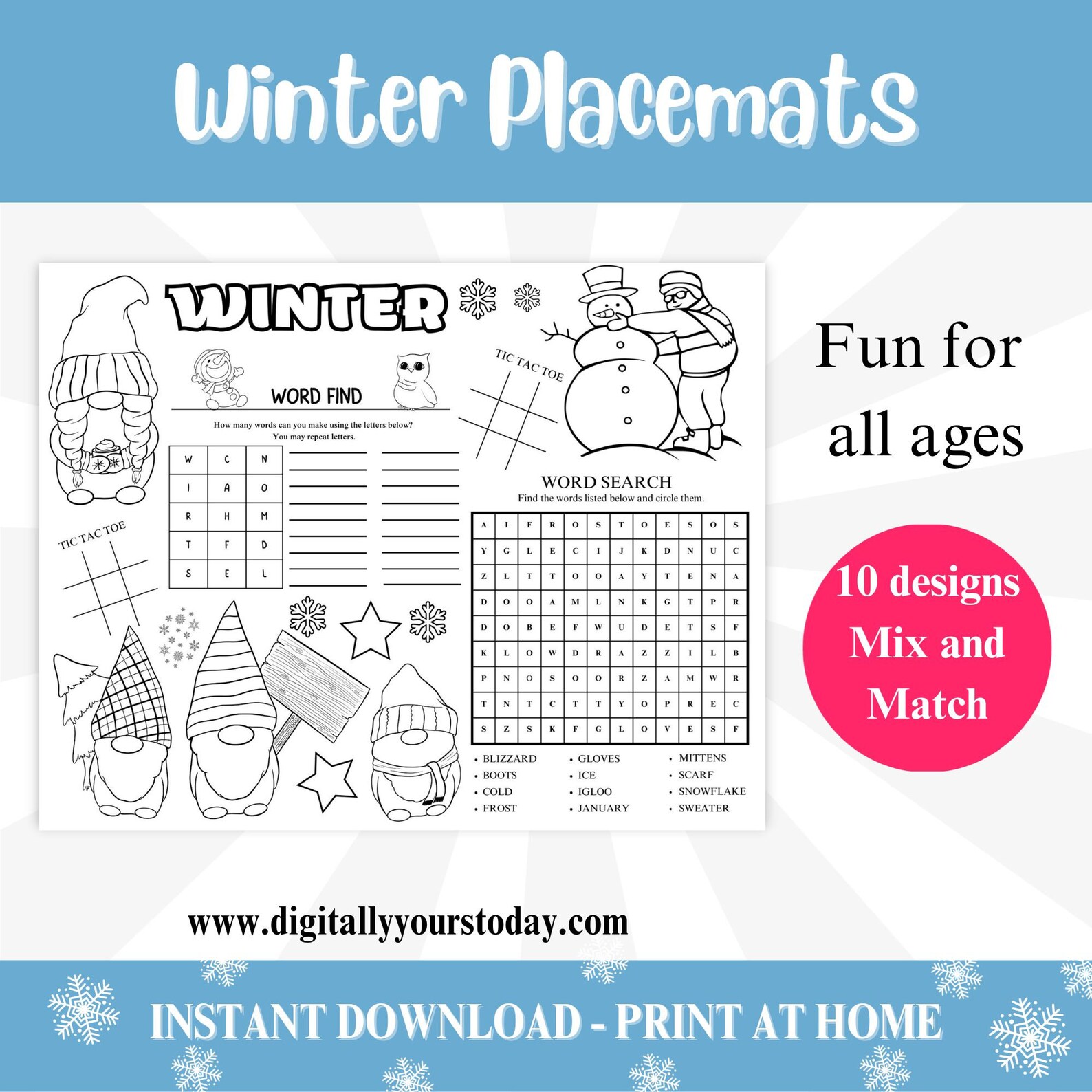 Winter Activity Placemats for Kids of All Ages - 10 Different Designs ...