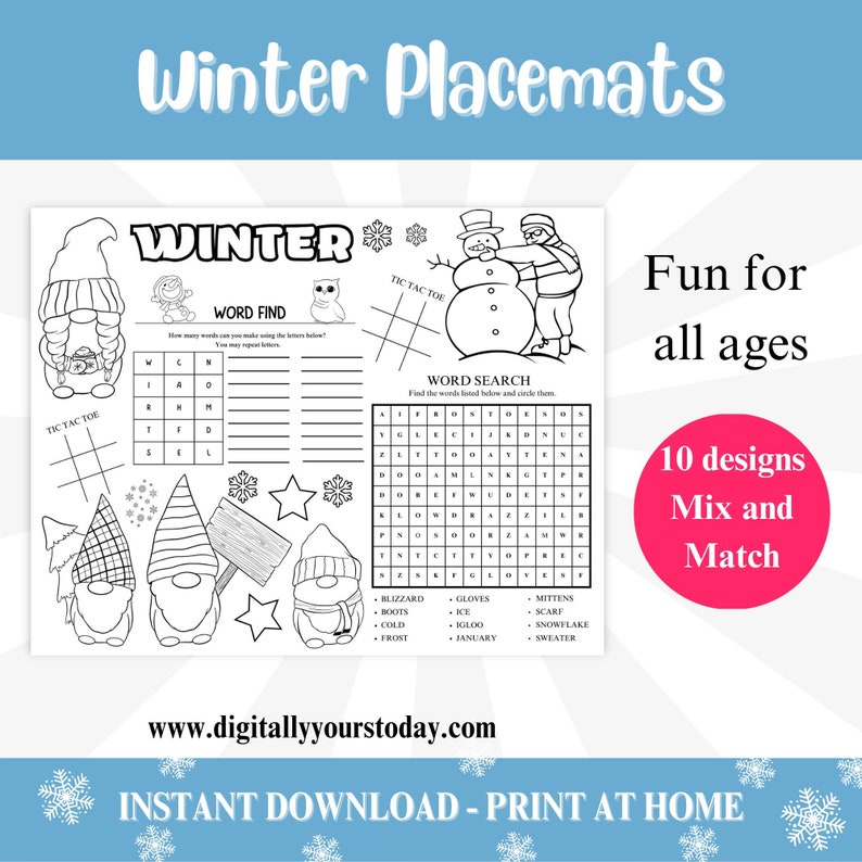Winter Activity Placemats for Kids of All Ages 10 Different Designs ...
