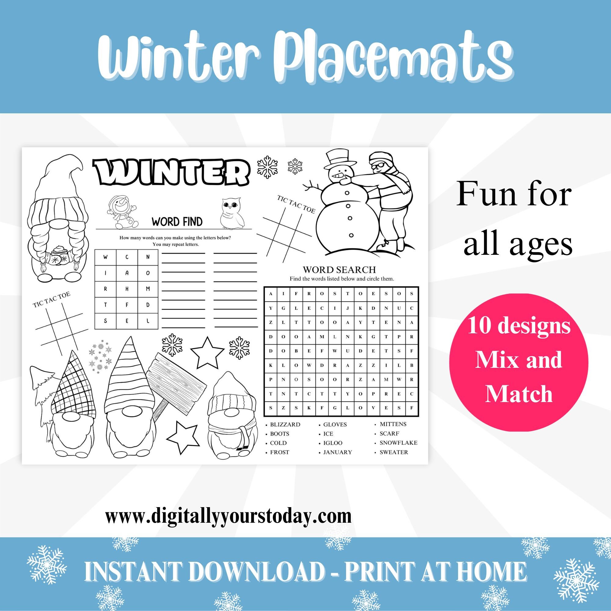 Winter Activity Placemats for Kids of All Ages - 10 Different Designs ...