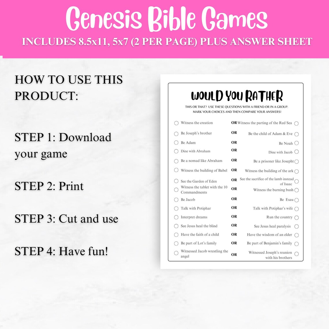 Book of Genesis Bible Games Family Friendly Printables Trivia Would You ...
