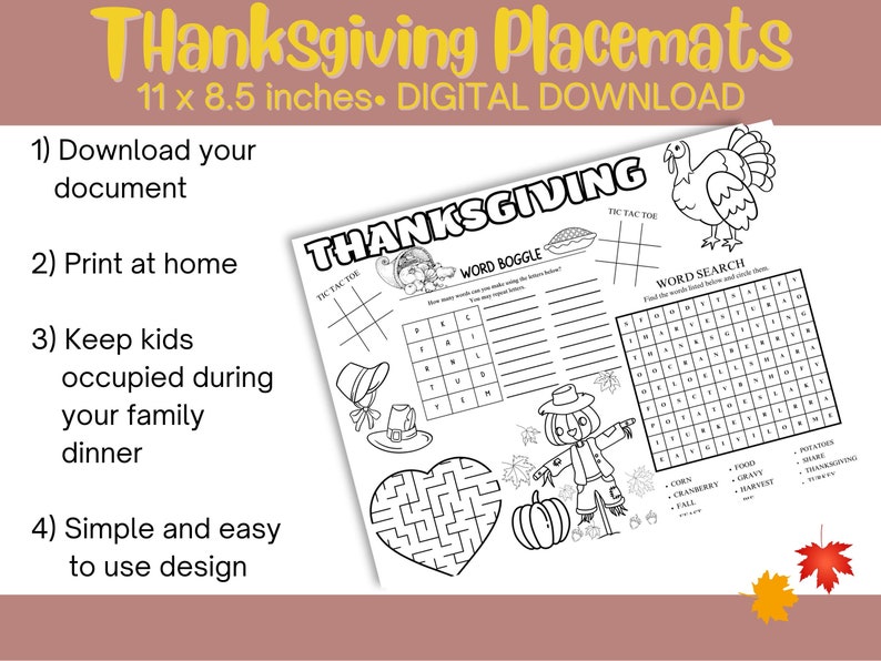 Printable Thanksgiving Fun Placemats for Kids | Paper Mat | Printable ...
