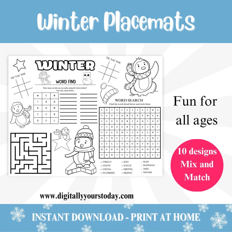 Winter Activity Placemats for Kids of All Ages 10 Different Designs ...