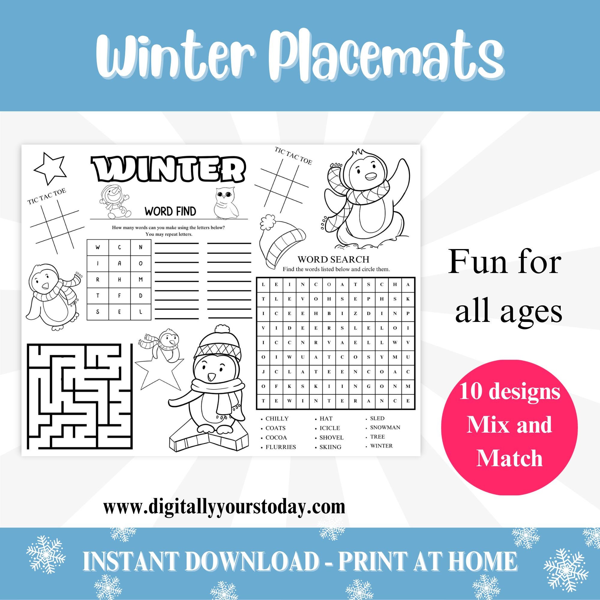 Winter Activity Placemats for Kids of All Ages 10 Different Designs ...