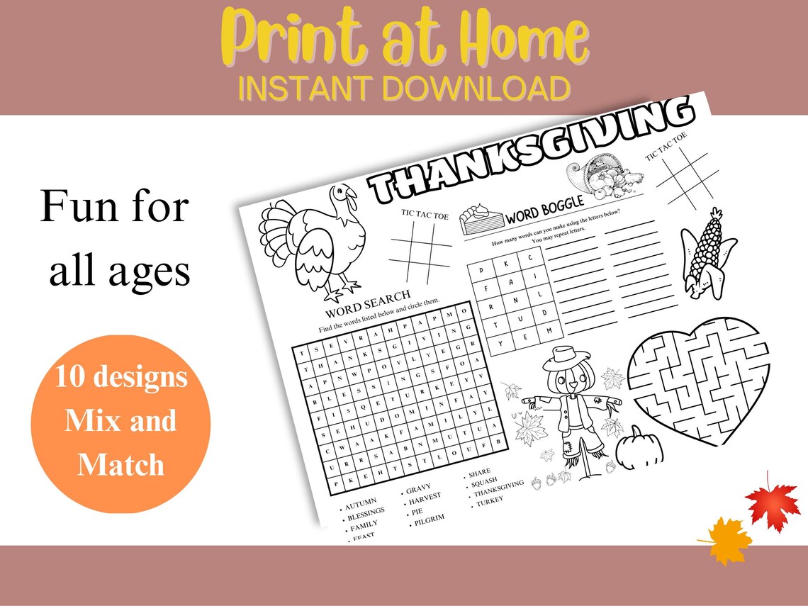 Printable Thanksgiving Fun Placemats for Kids | Paper Mat | Printable ...