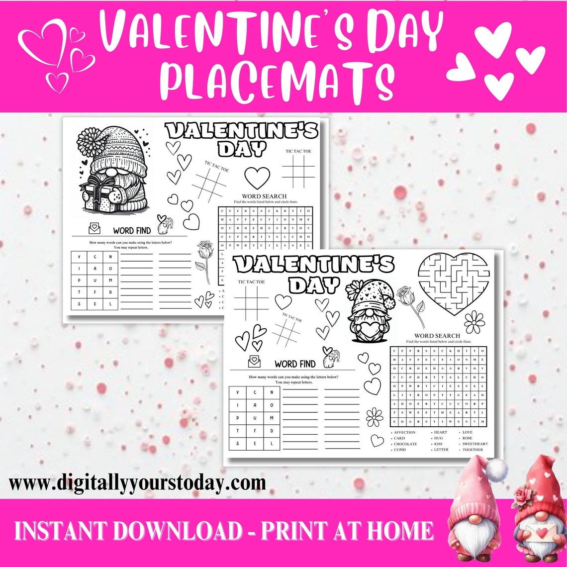 Valentine's Day Activity Placemats for Kids of All Ages 12 Different ...