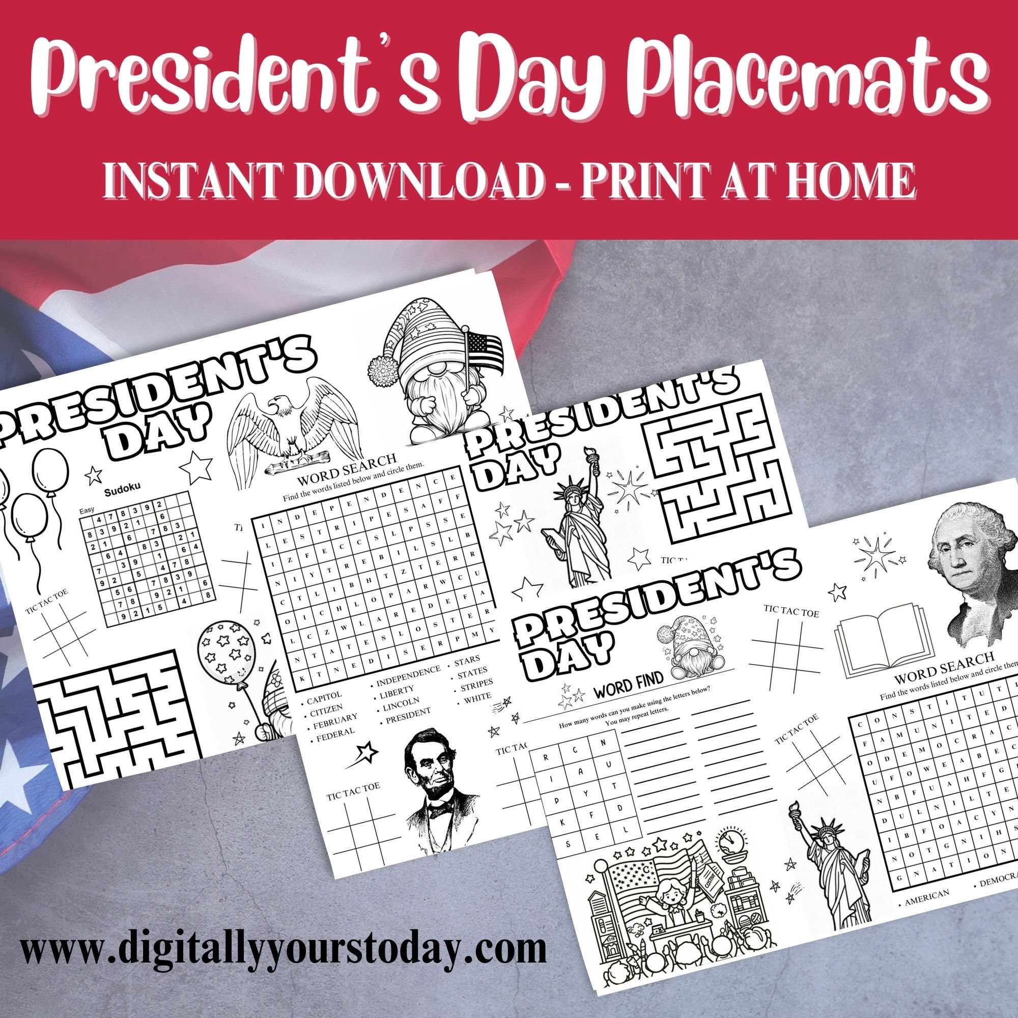 President's Day Activity Placemats for Kids of All Ages - 12 Different ...