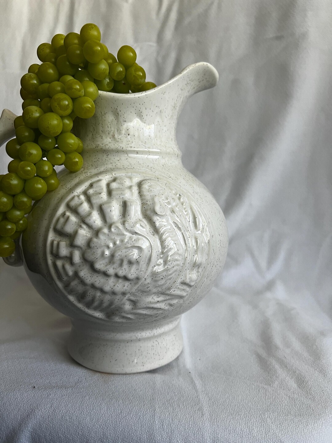 Vintage White Ceramic Pitcher – Embossed Floral & Geometric Design ...