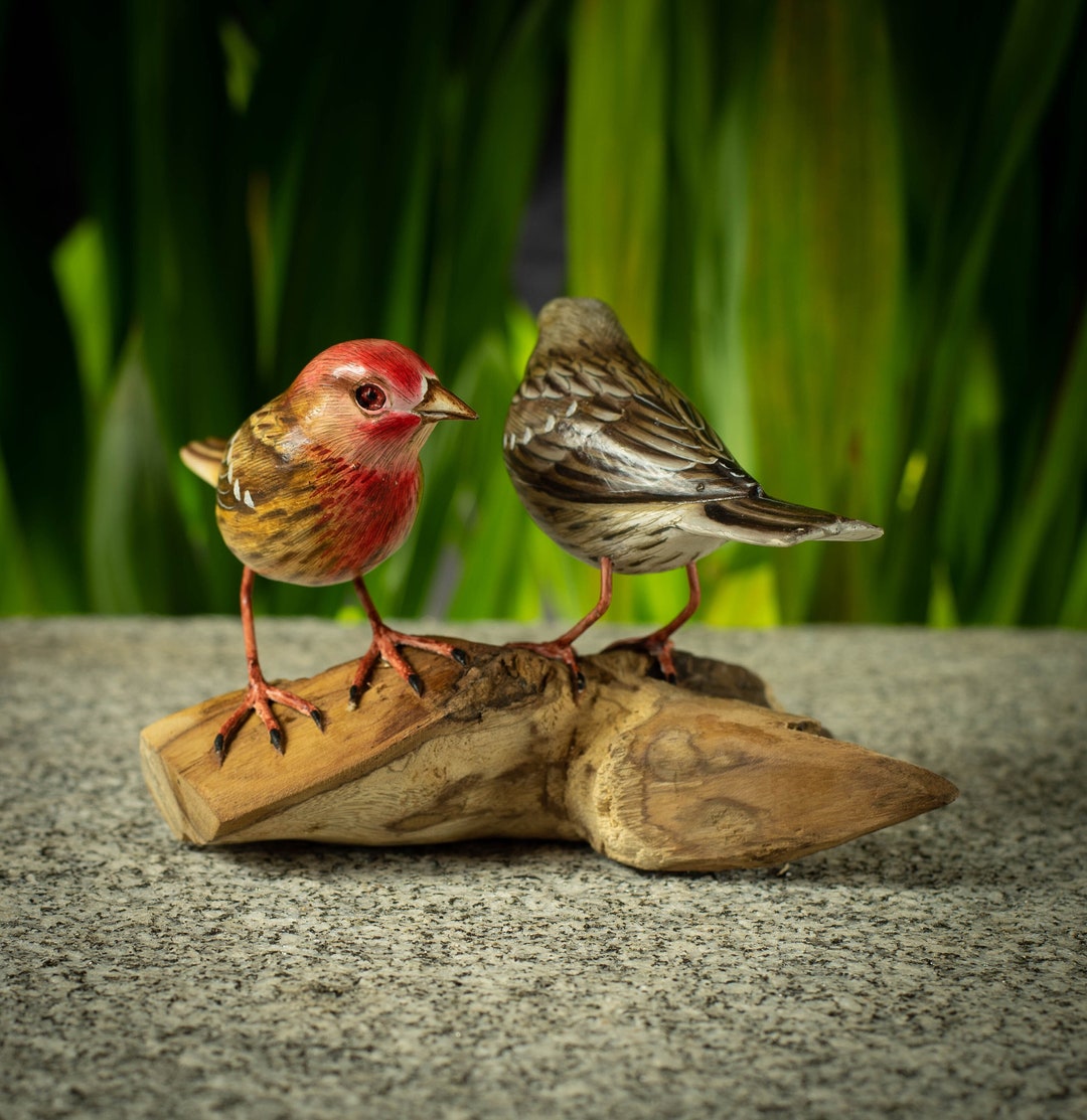 Hand Carved, Hand Painted Wooden Bird Sculpture of a Breeding Pair of ...
