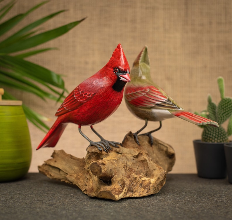 Hand Carved, Hand Painted Wooden Bird Sculpture of a Pair of Cardinals ...