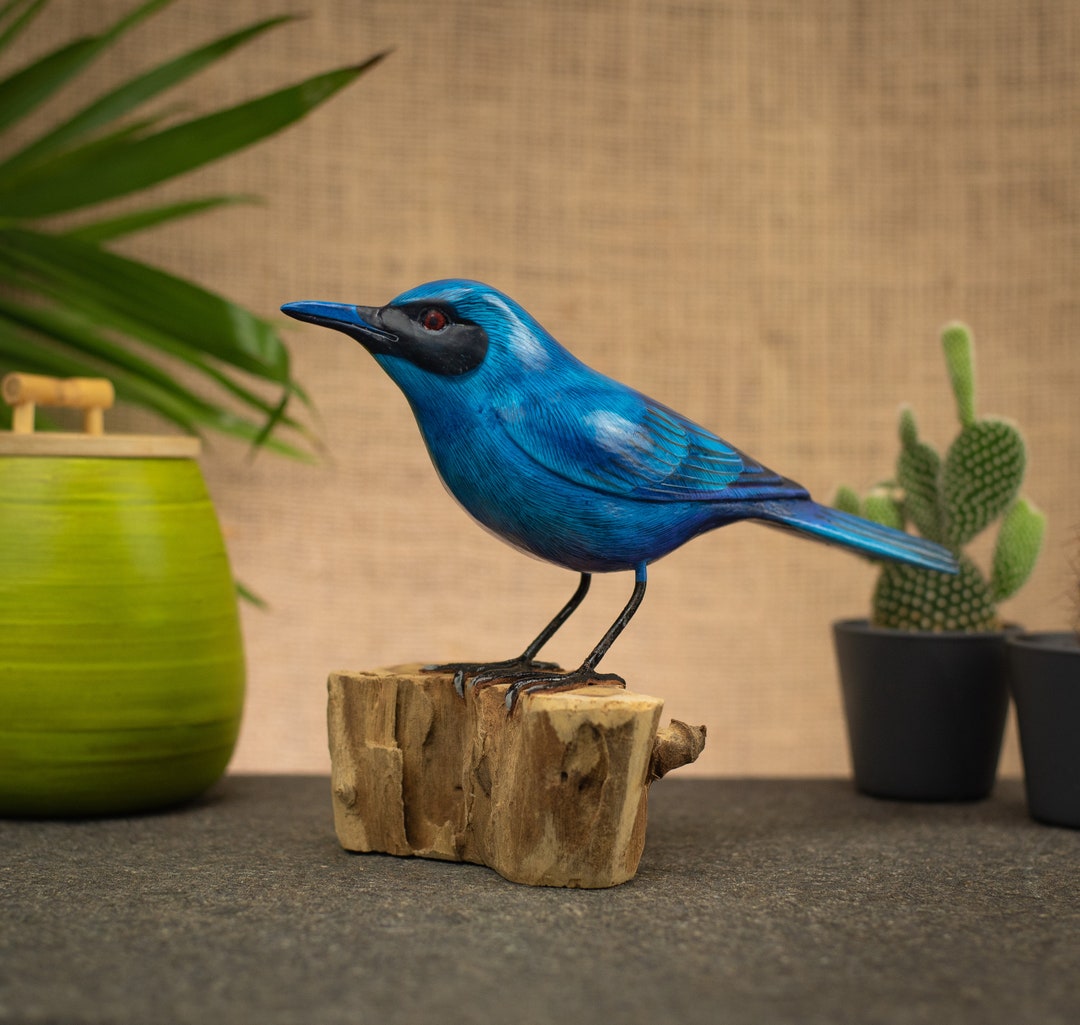 Hand Carved, Hand Painted Wooden Bird Sculpture of a Blue Mockingbird ...