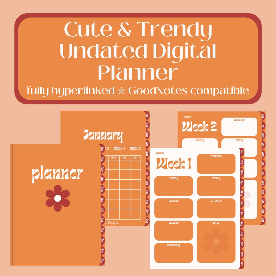 Orange Flower Digital Planner, Cute & Trendy Digital Undated Planner ...