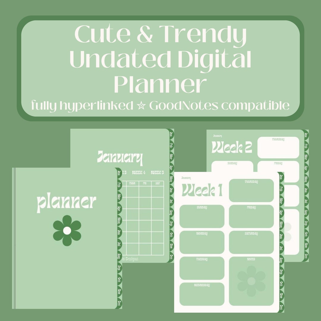 Sage Green Flower Digital Planner, Cute & Trendy Digital Undated ...