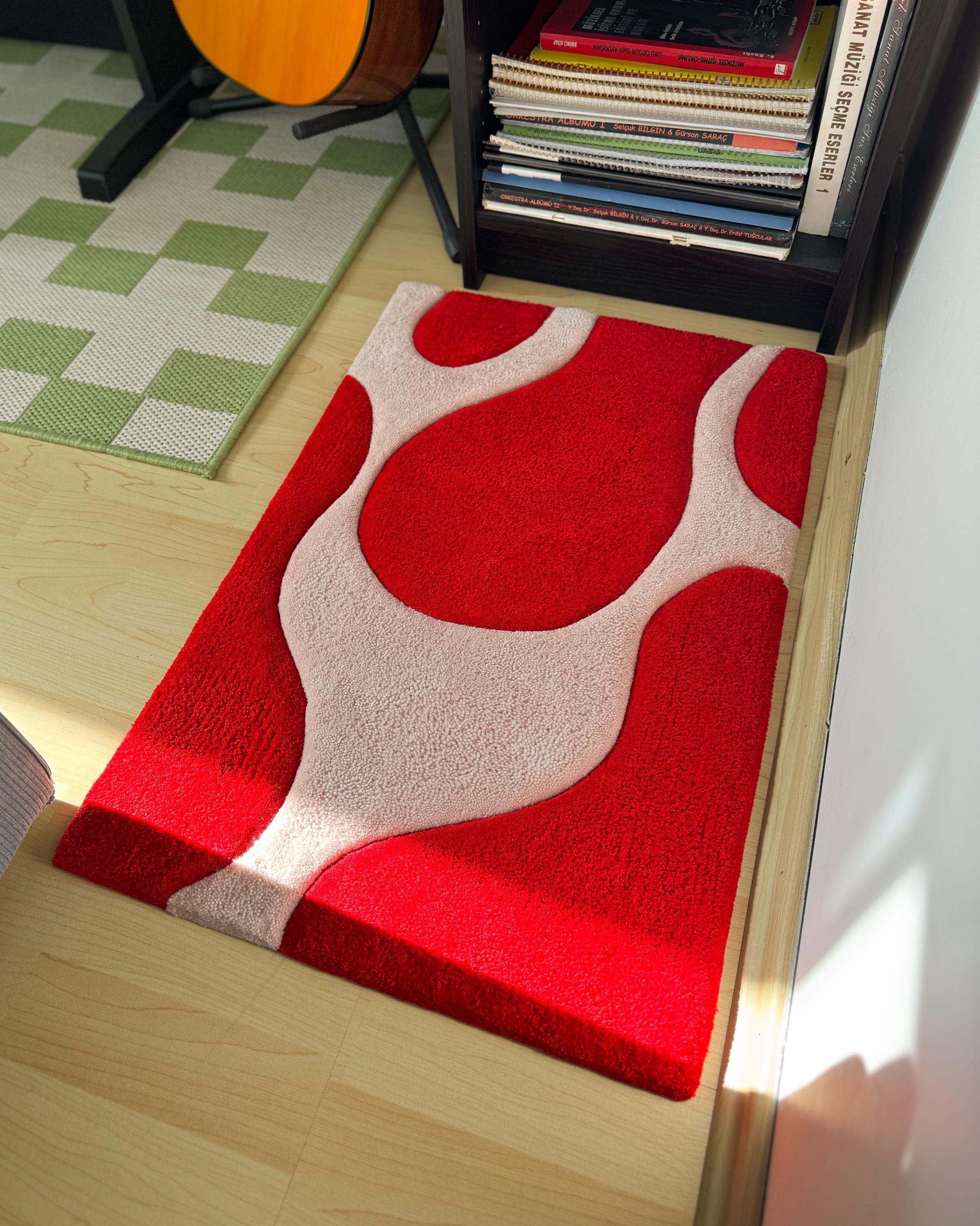 Powder Pink & Red Wavy Tufted Rug, Handmade Tufted Rug, Housewarming ...