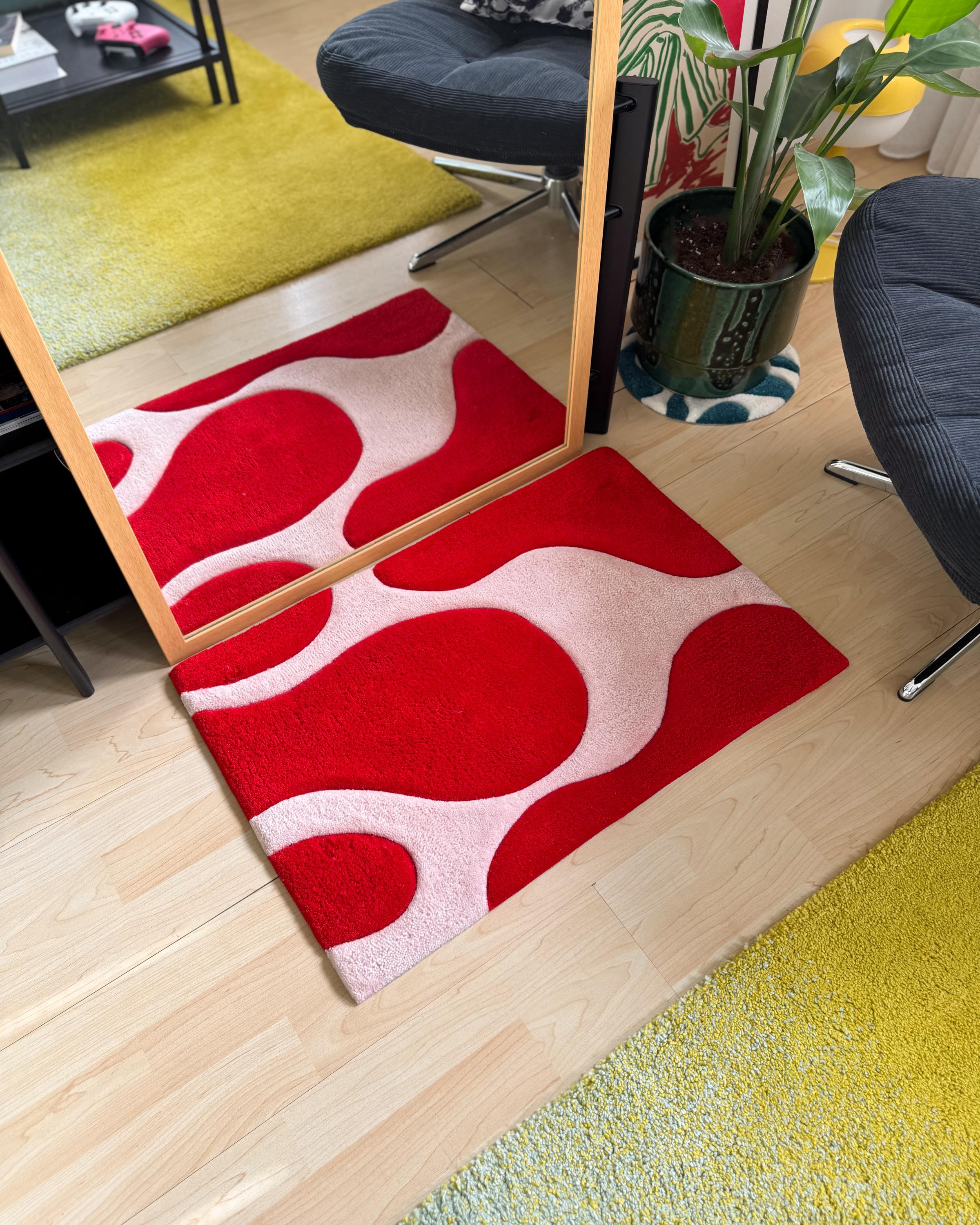 Powder Pink & Red Wavy Tufted Rug, Handmade Tufted Rug, Housewarming ...