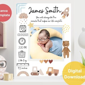 Editable Baby Boy Birth Stats Canva Template | Construction Theme ...