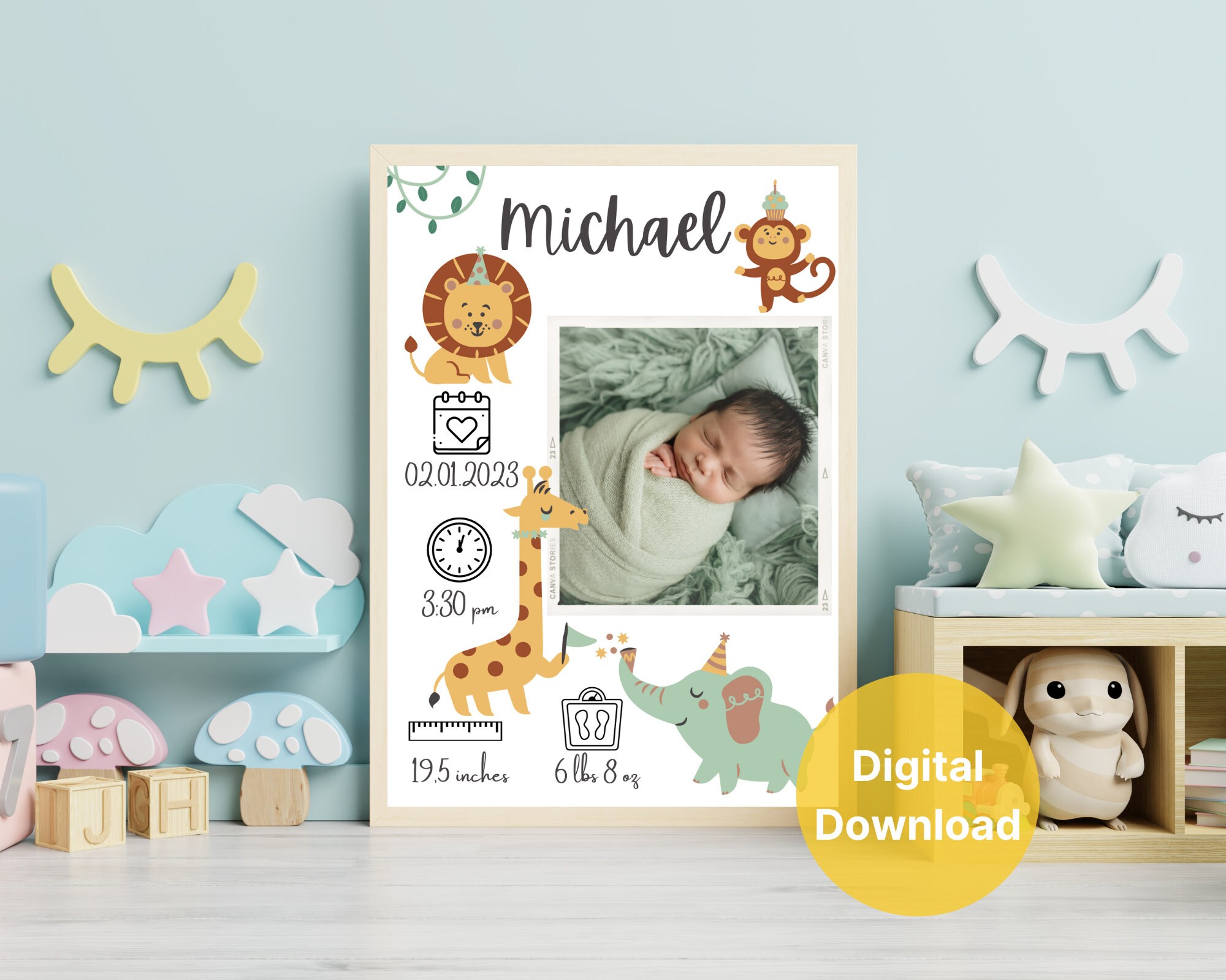 Canva Jungle Custom Template Birth Announcement Printable Nursery ...