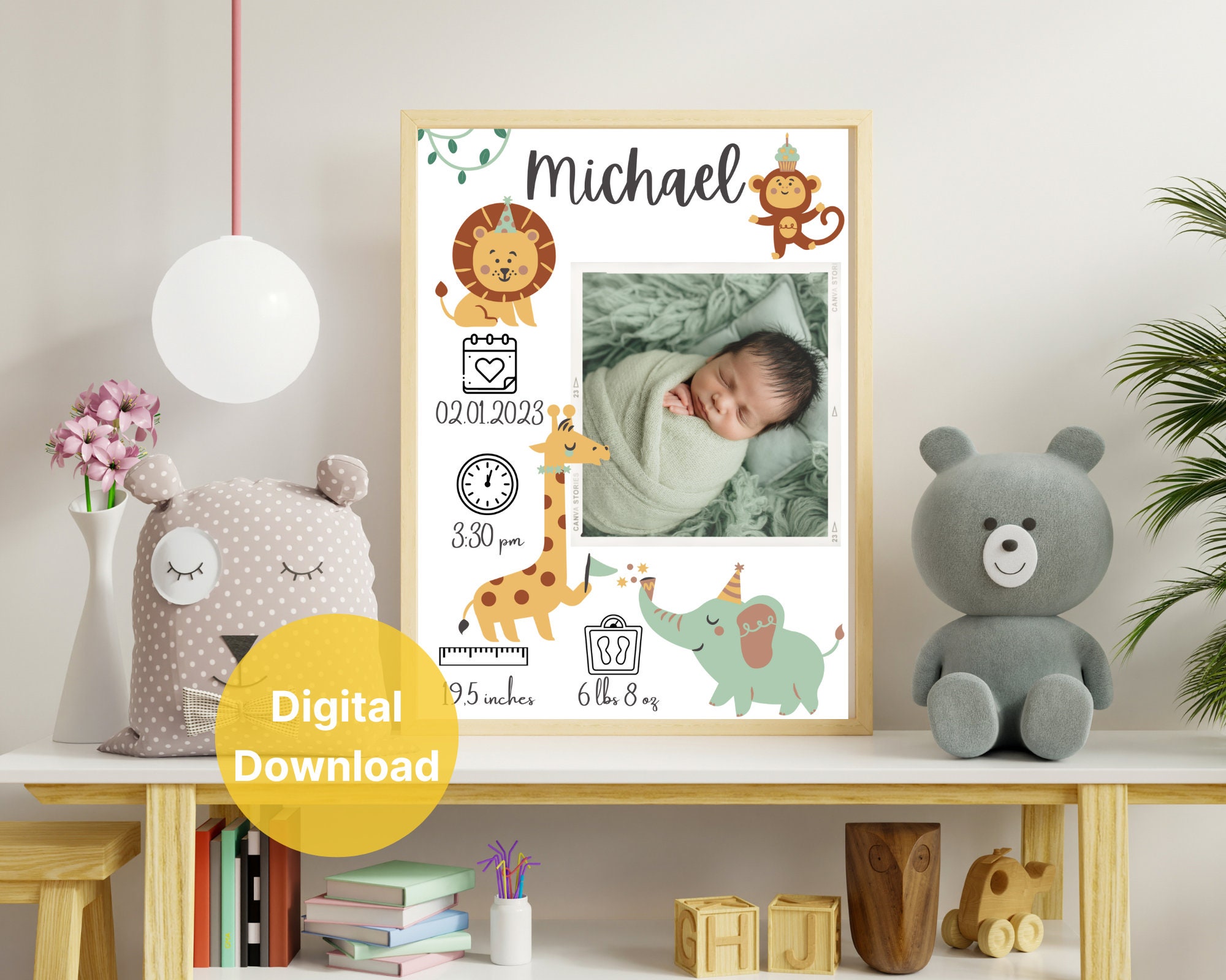 Canva Jungle Custom Template Birth Announcement Printable Nursery ...