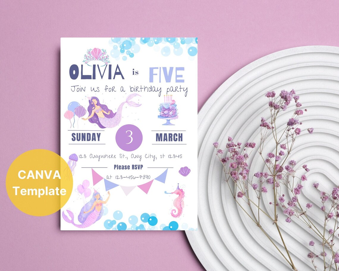 Mermaid Party Invitation, Canva Birthday Invitation Template, Mermaid ...