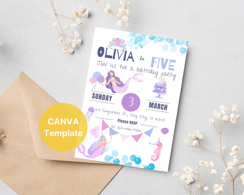 Mermaid Party Invitation, Canva Birthday Invitation Template, Mermaid ...