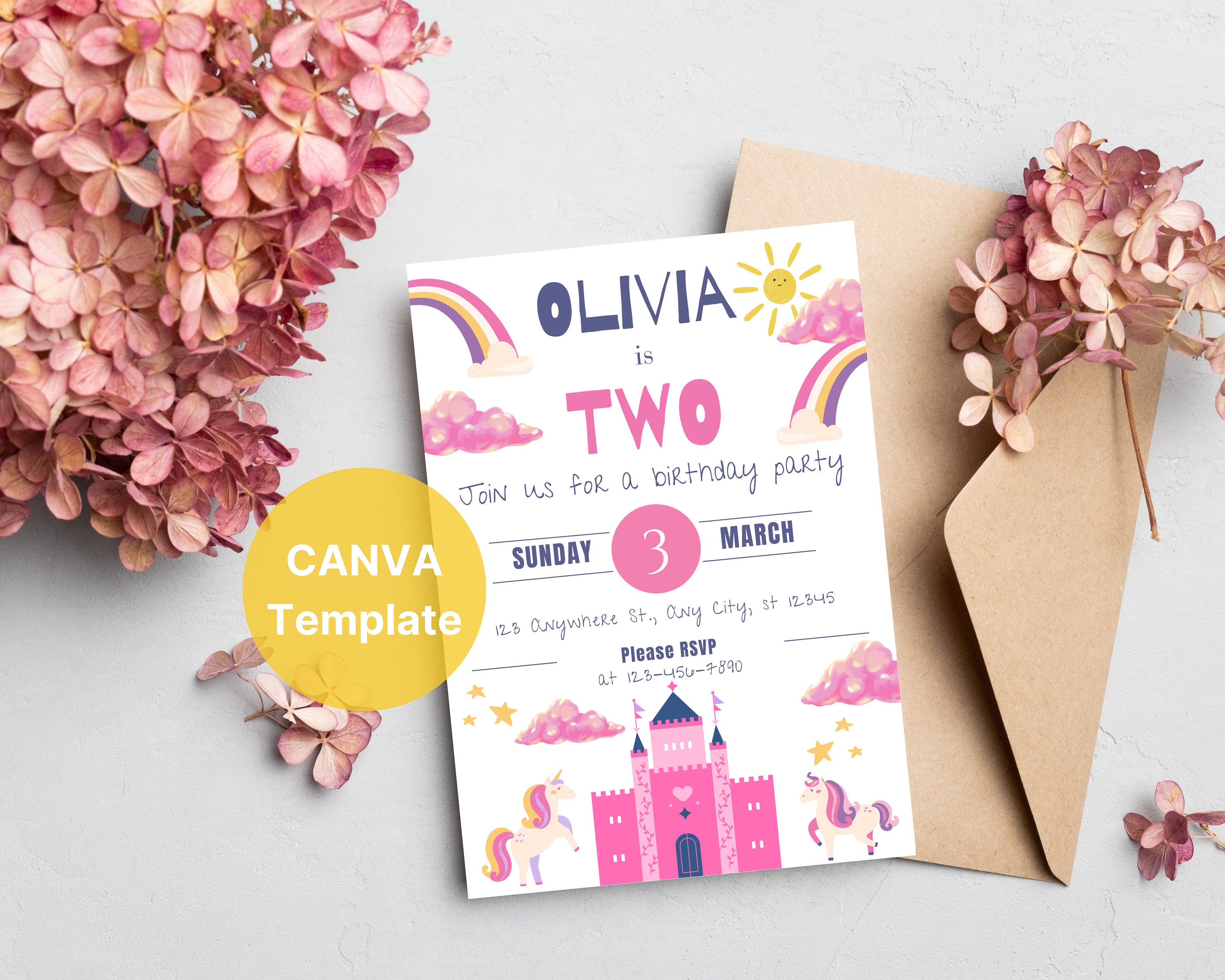 Editable Unicorn Birthday Invitation, Canva Birthday Invitation ...