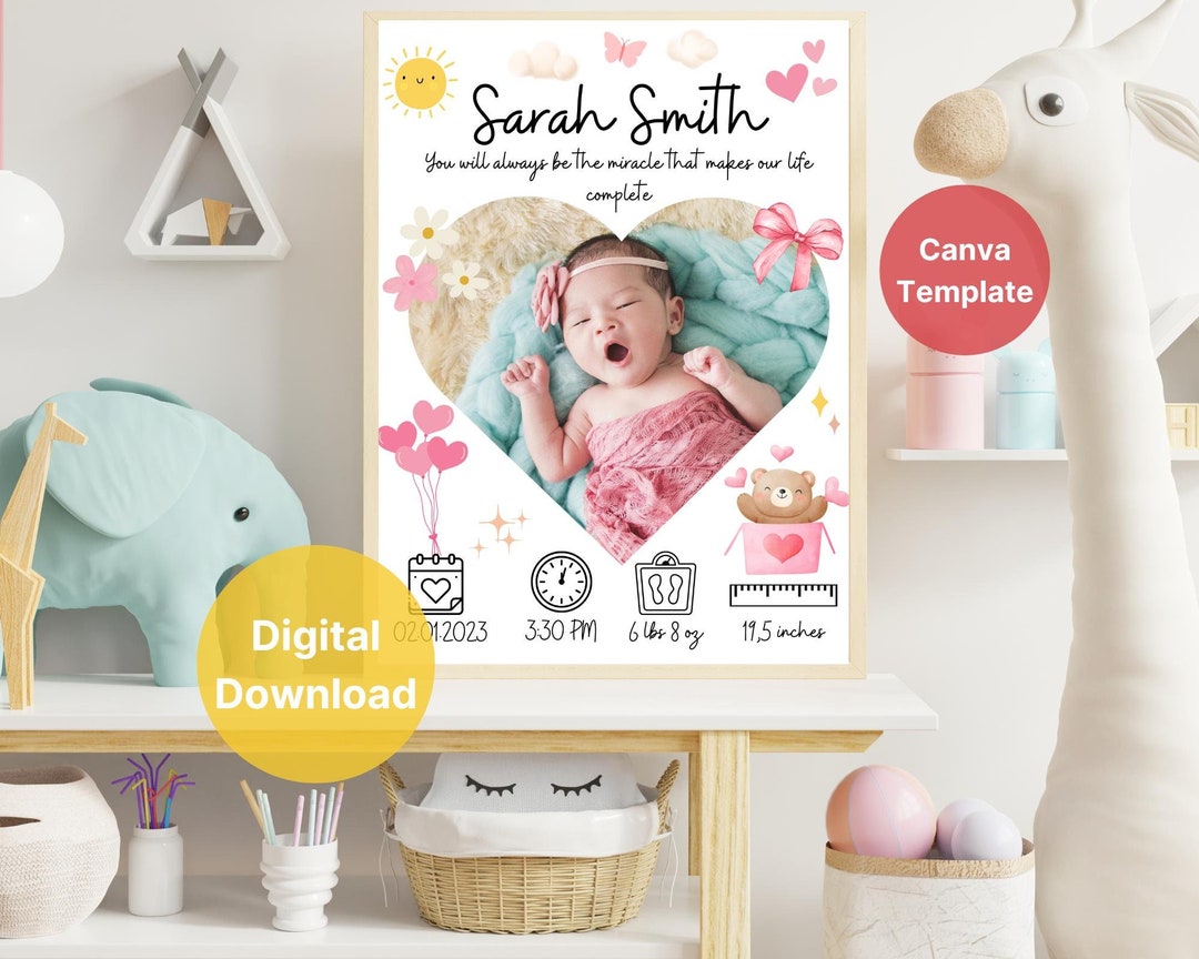Editable Baby Girl Birth Stats Template Heart-shaped Canva Pro Keepsake ...