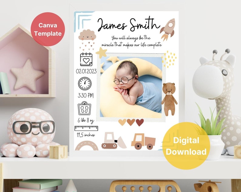 Editable Baby Boy Birth Stats Canva Template | Construction Theme ...