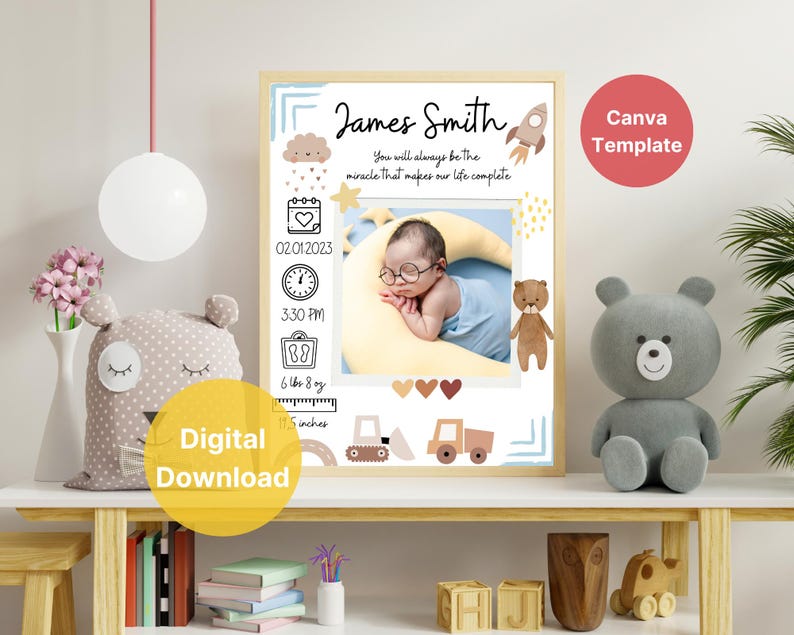 Editable Baby Boy Birth Stats Canva Template | Construction Theme ...