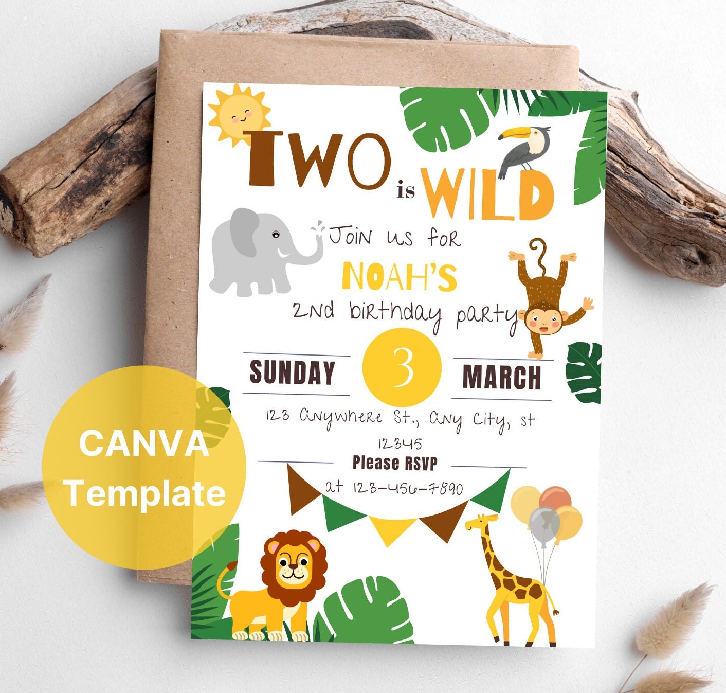 Two Wild Birthday Invitation, Canva Birthday Invitation Template, Wild ...