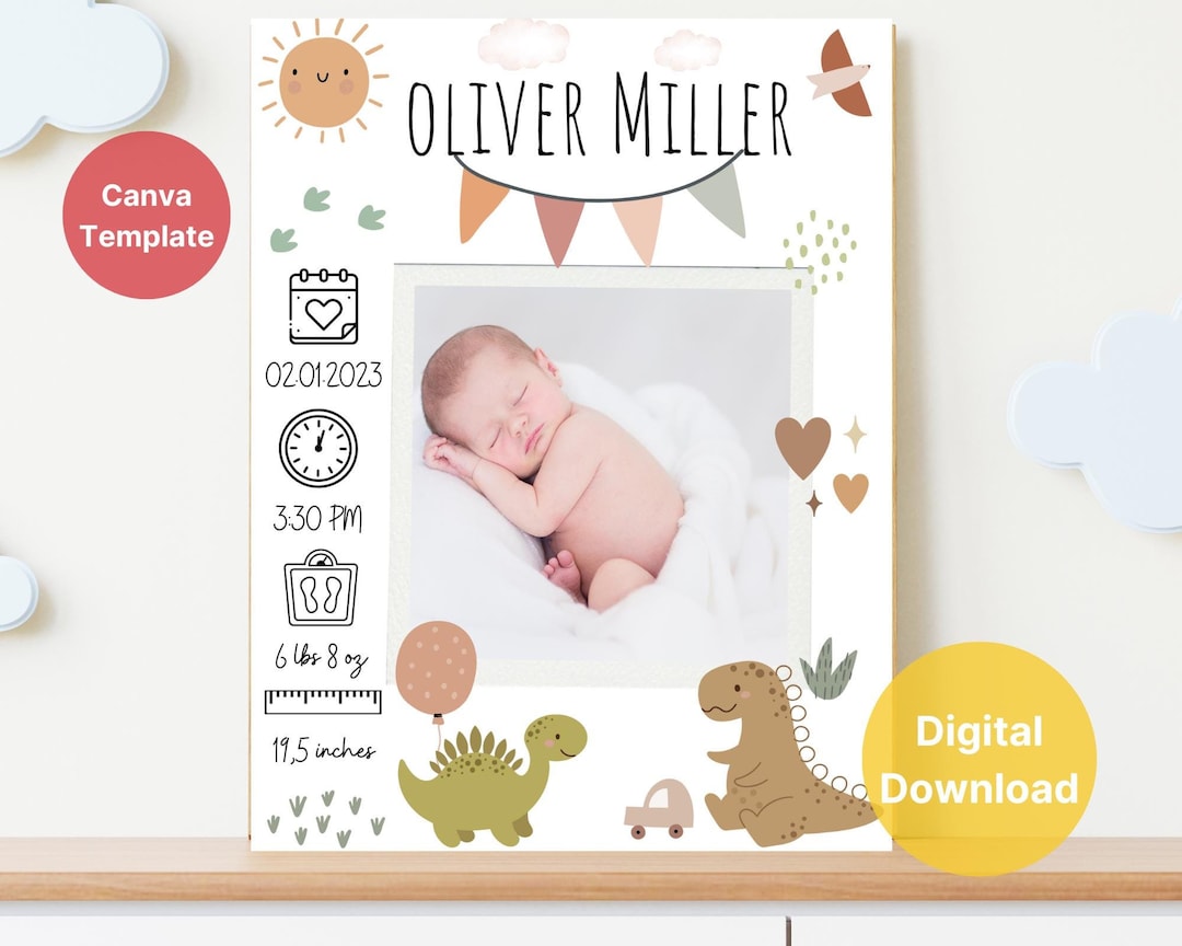 Editable Baby Boy Dinosaur Birth Stats Template | Editable Canva Design ...