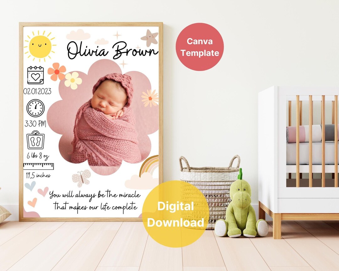 Editable Baby Girl Birth Stats Template | Canva Pro Digital Keepsake ...