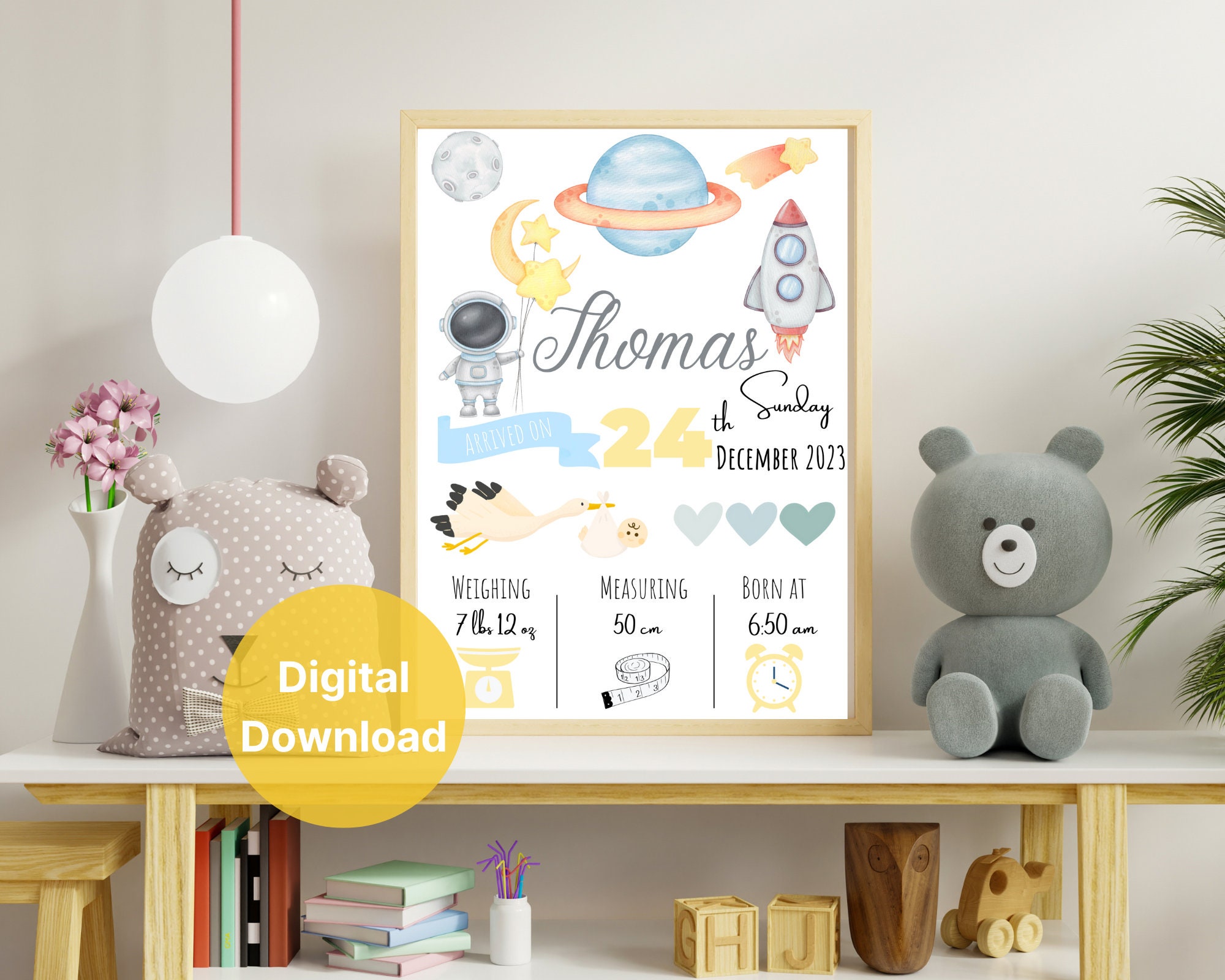 Astronaut Custom Birth Announcement Printable Nursery Wall Art ...