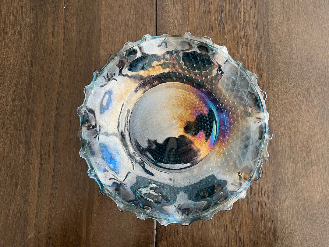 Carnaval Glass, Blue, Iridescent Bowl, English Hobnail, 1960s Carnival ...