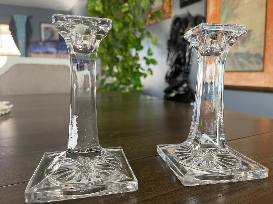 Set of Two - UV Reactive Glass Candle Stick Holder, Star Pattern ...