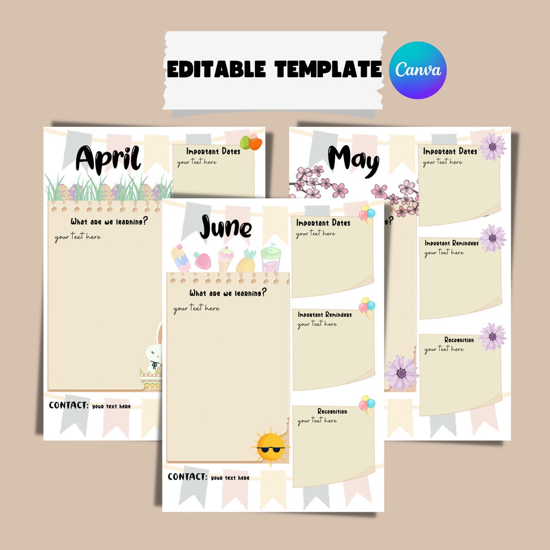 Editable Teacher Newsletter Template, Printable April May June Monthly ...