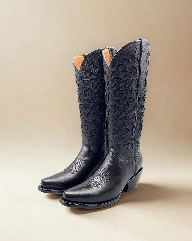Handmade Western Tall Cowboy Boots Knee High / Tall Black Cowboy Boots ...