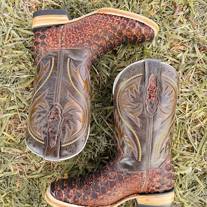 Handcrafted Men's Python Cowboy Boots/ Square Toe Cowboy Boots Snake ...