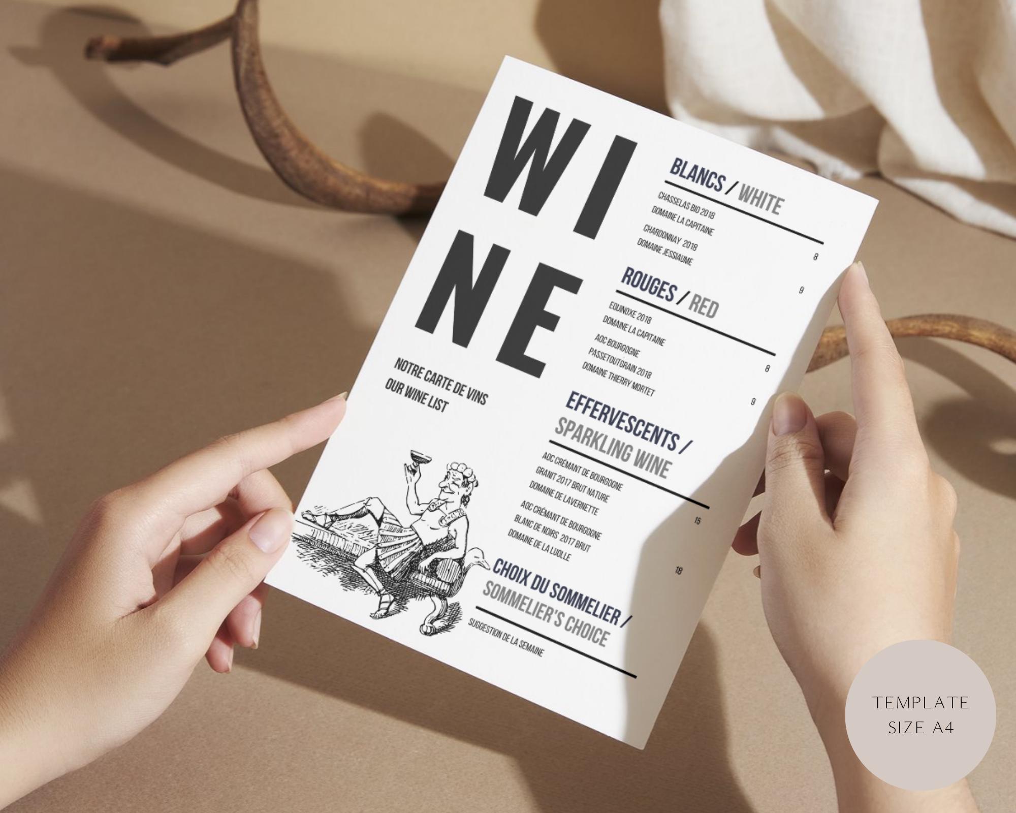 Editable Wine Menu Template – Modern Wine List for Restaurant or Bar ...