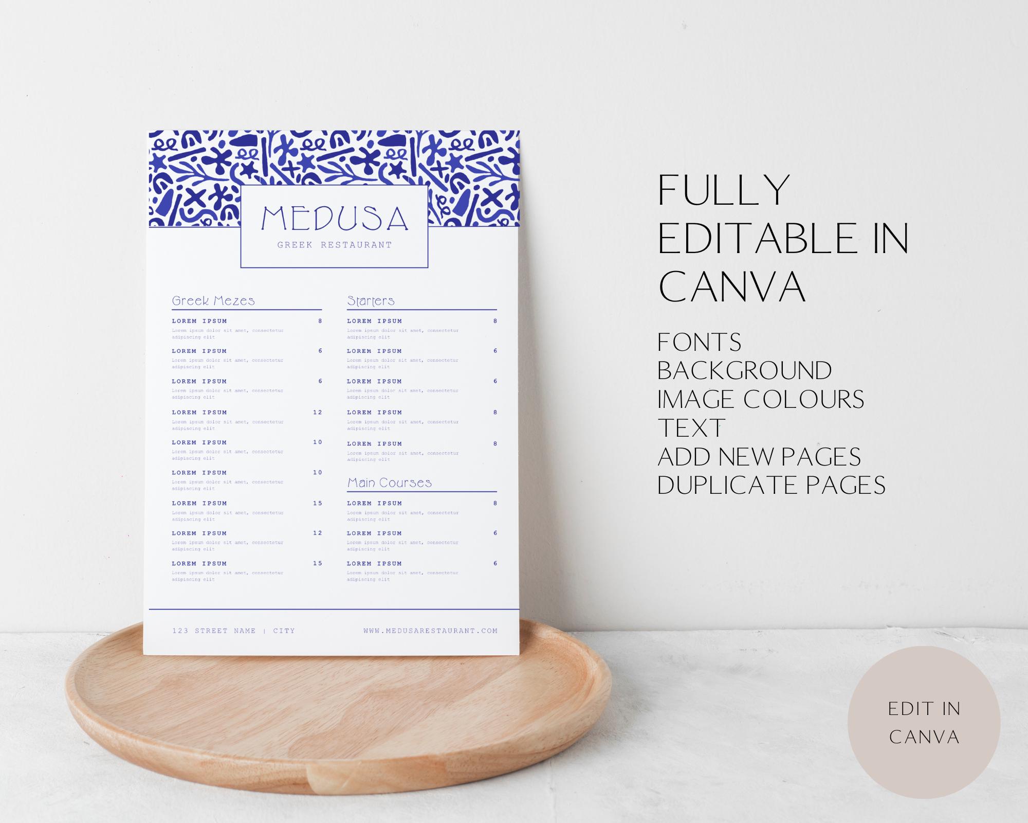 Editable Greek Restaurant Menu Template, Mediterranean Food Menu ...