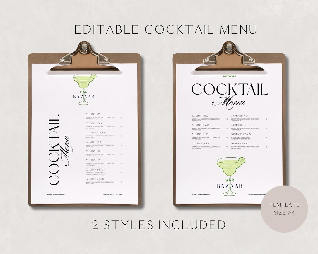 Editable Cocktail Menu Template – Modern Bar Drink Menu, Printable ...