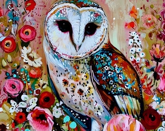 Boho Botanical Floral Owl Print, Whimsical Owl Art, Contemporary Owl ...