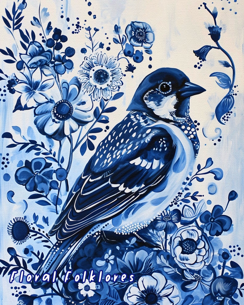 Sparrow Print Chinoiserie Blue, Delft Blue Bird Artwork, Dutch Blue ...