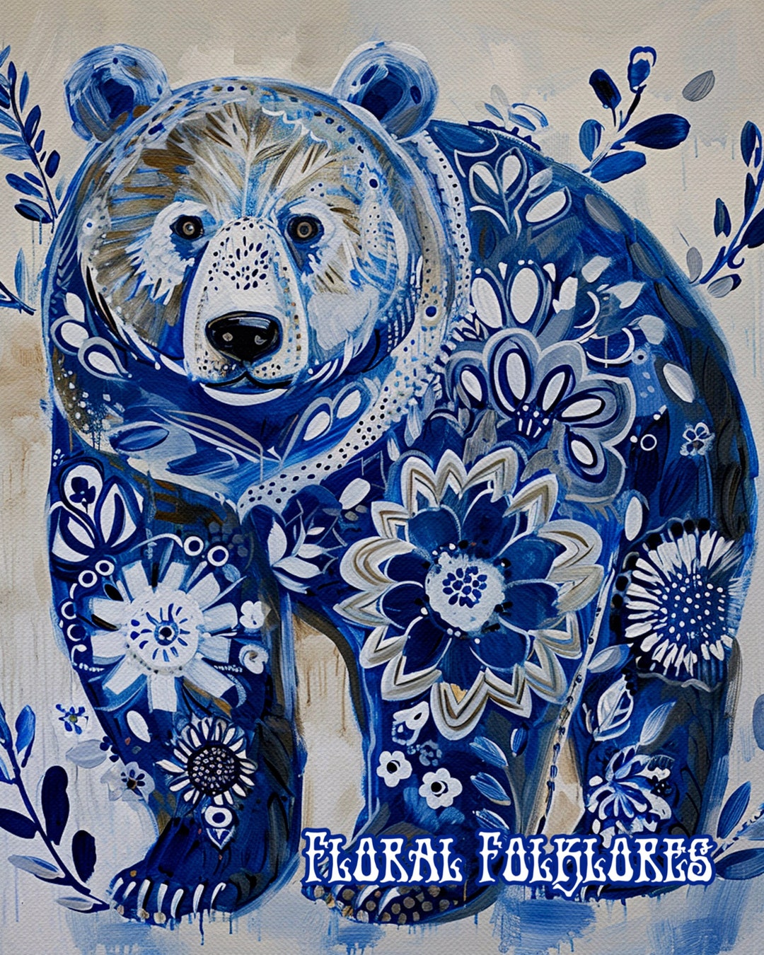 Whimsical Floral Bear Painting Print Artwork in Blue and White, Dutch ...