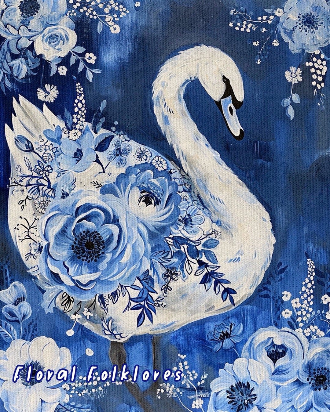 Swan Print Chinoiserie Blue, Delft Blue Bird Artwork, Dutch Blue Swan ...