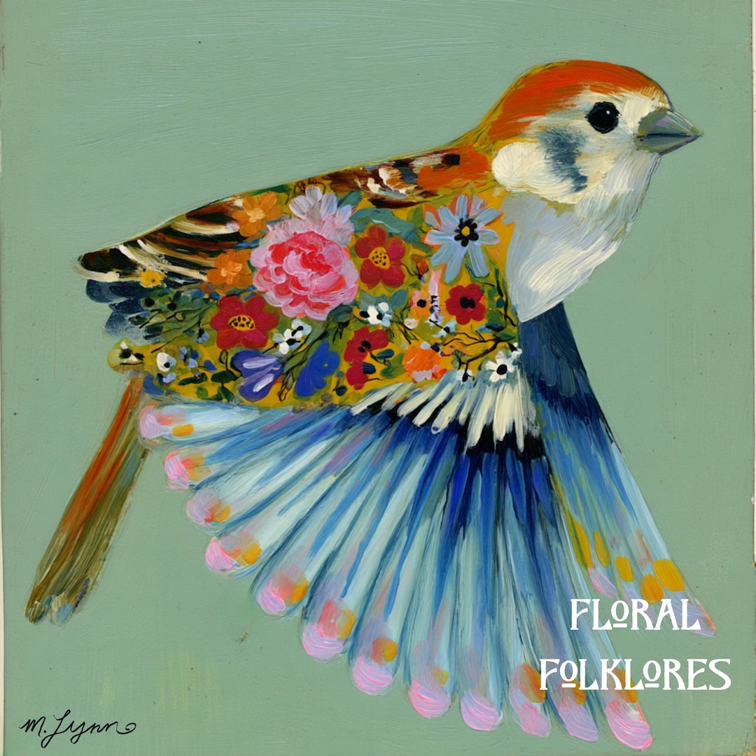 Whimsical Floral Sparrow Print, Bird Art, Contemporary Art, Painting ...
